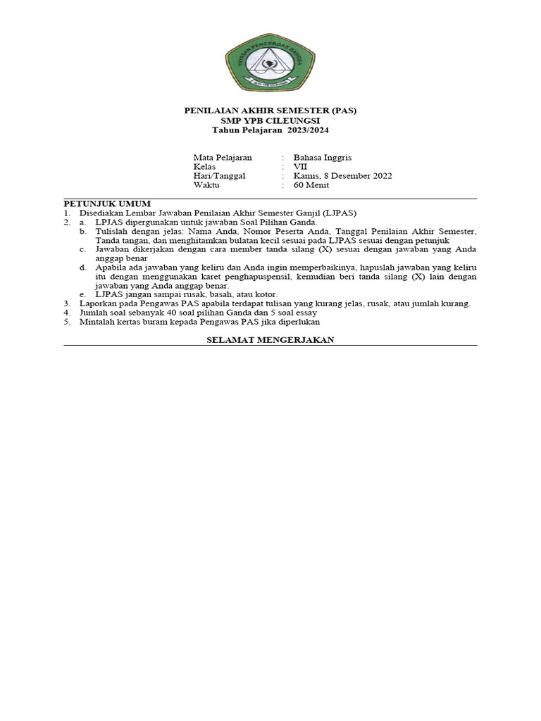 Contoh Kop Dan Petunjuk Soal PAS | PDF