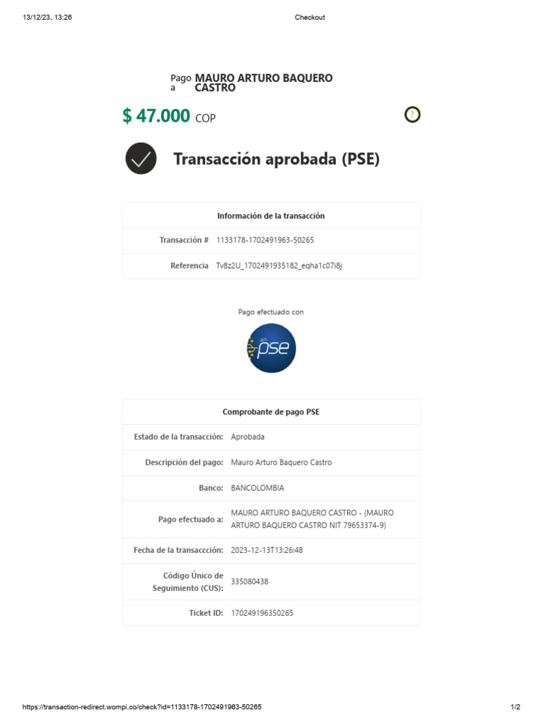 Comprobante de Pago PSE a Mauro Baquero | PDF