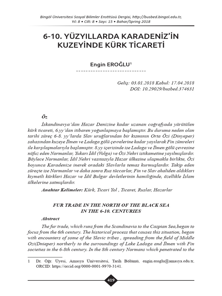 Ve 10. Yüzyıllarda Karadeniz'in Kuzeyinde Kürk Ticareti, Engin Eroğlu | PDF