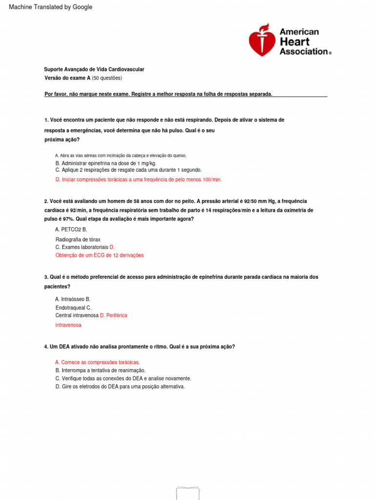 ACLS Exam Version A | PDF | Reanimação cardiopulmonar | Coração