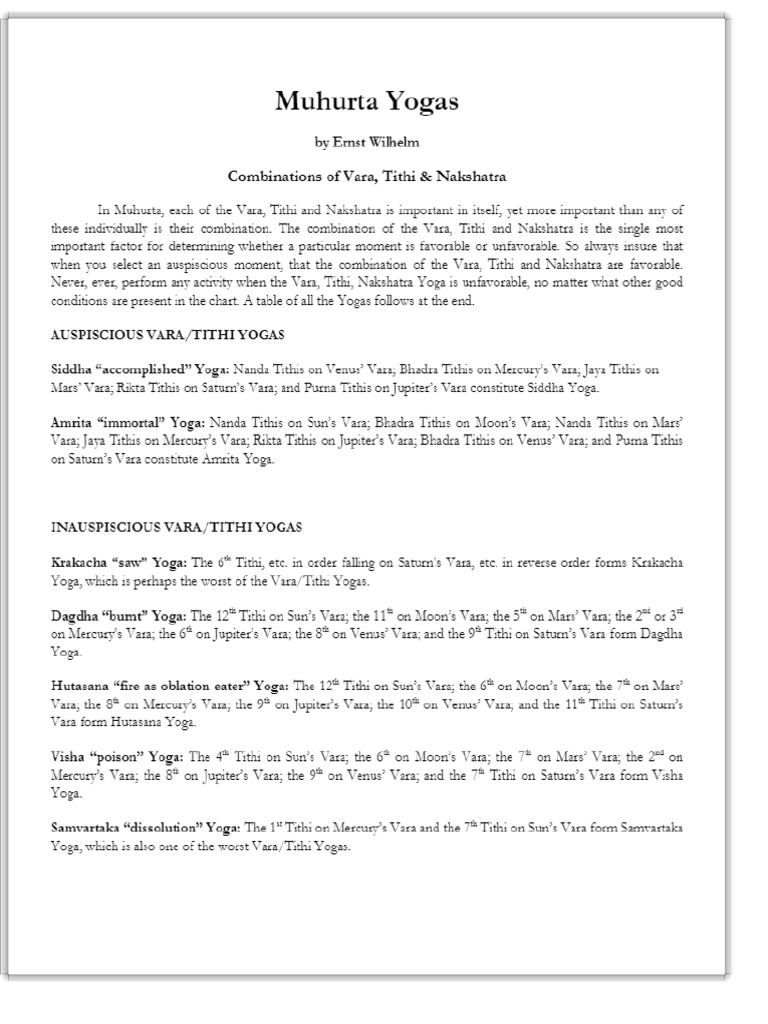 Muhurta Yogas (Ernst Wilhelm) - Combinations of Vara, Tithi and Nakshatra | PDF