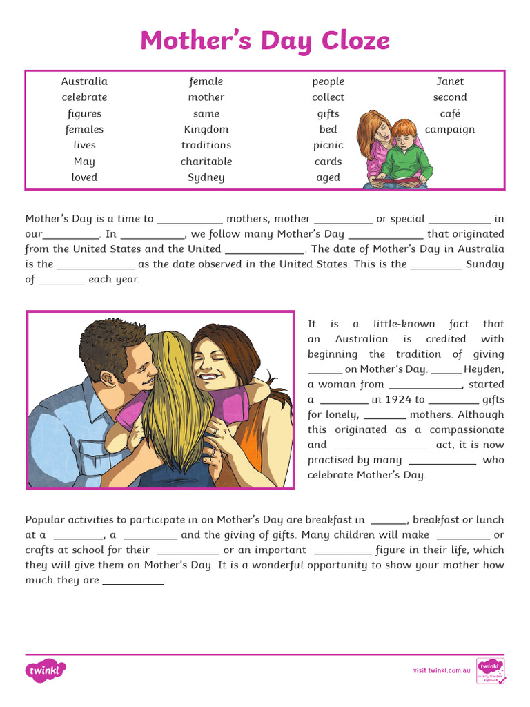 Au t2 T 10000101 Mothers Day Cloze Activity Sheet English - Ver - 2 | PDF