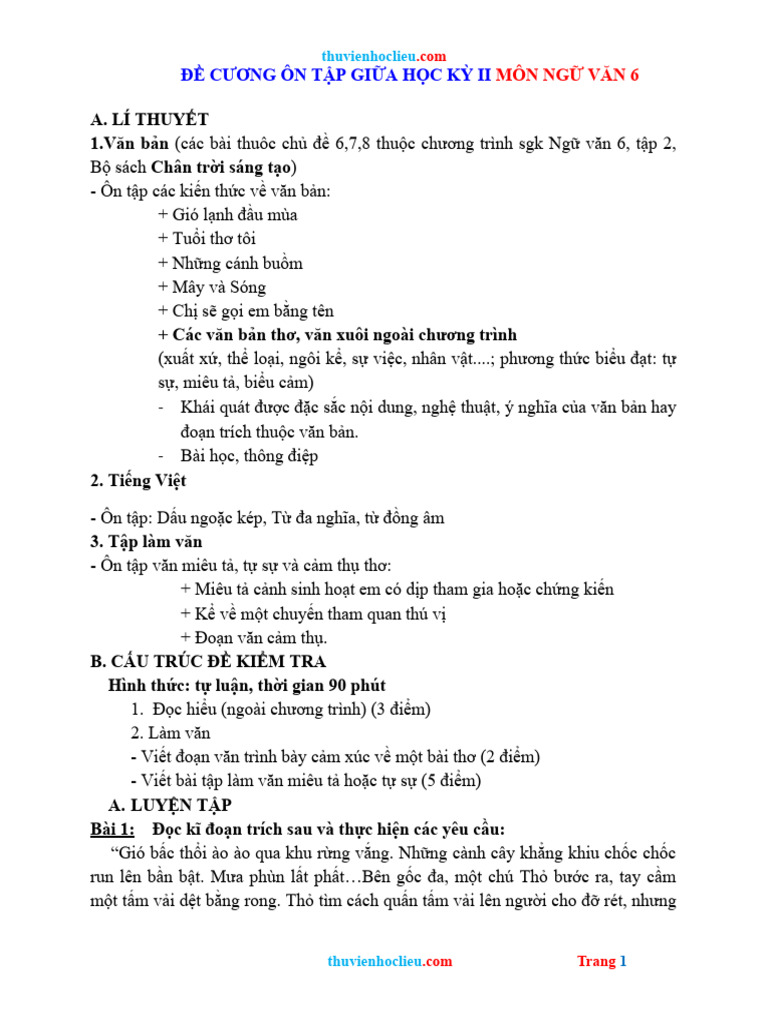 De Cuong On Tap Giua HK2 Ngu Van 6 CTST | PDF