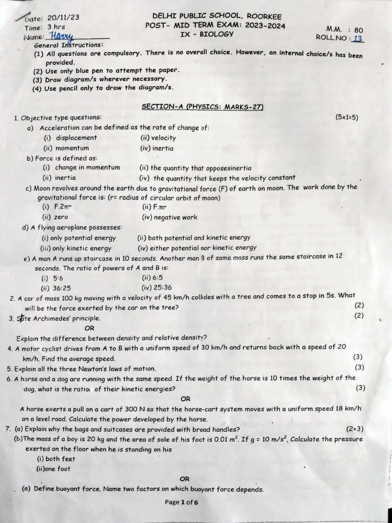 Dps Exam Paper | PDF | Epithelium | Kinetic Energy