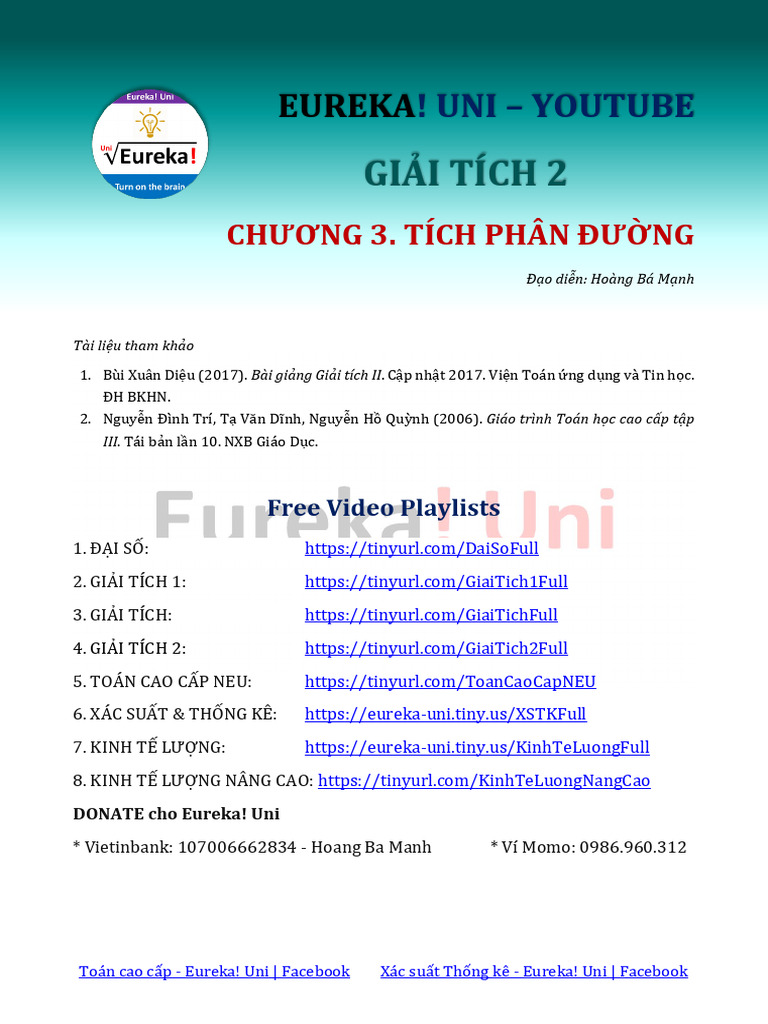 Eureka Uni _ Giải tích 2 _ Ch3 _ Tích phân đường loại 1 và loại 2 full | PDF