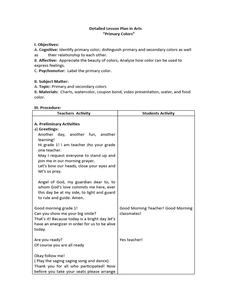 Detailed Lesson Plan in Arts | PDF | Color | Red