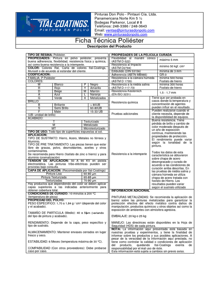 Ficha Técnica Poliéster | Descargar gratis PDF | Pintar | Acero