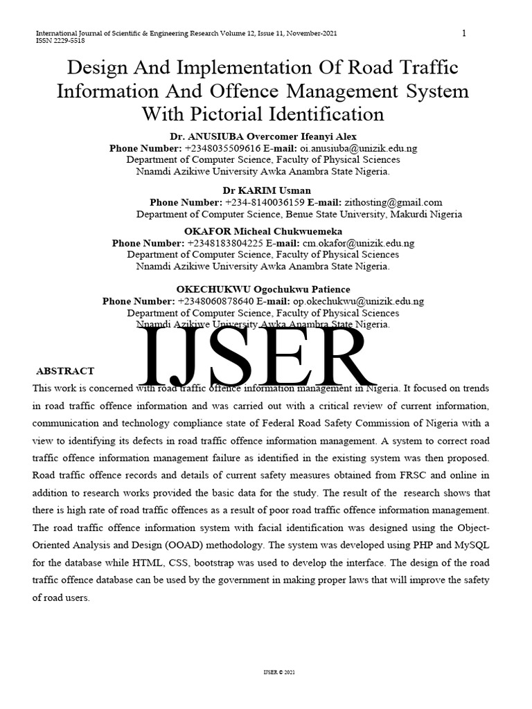 Design and Implementation of Road Traffic Information and Offence Management System With ...