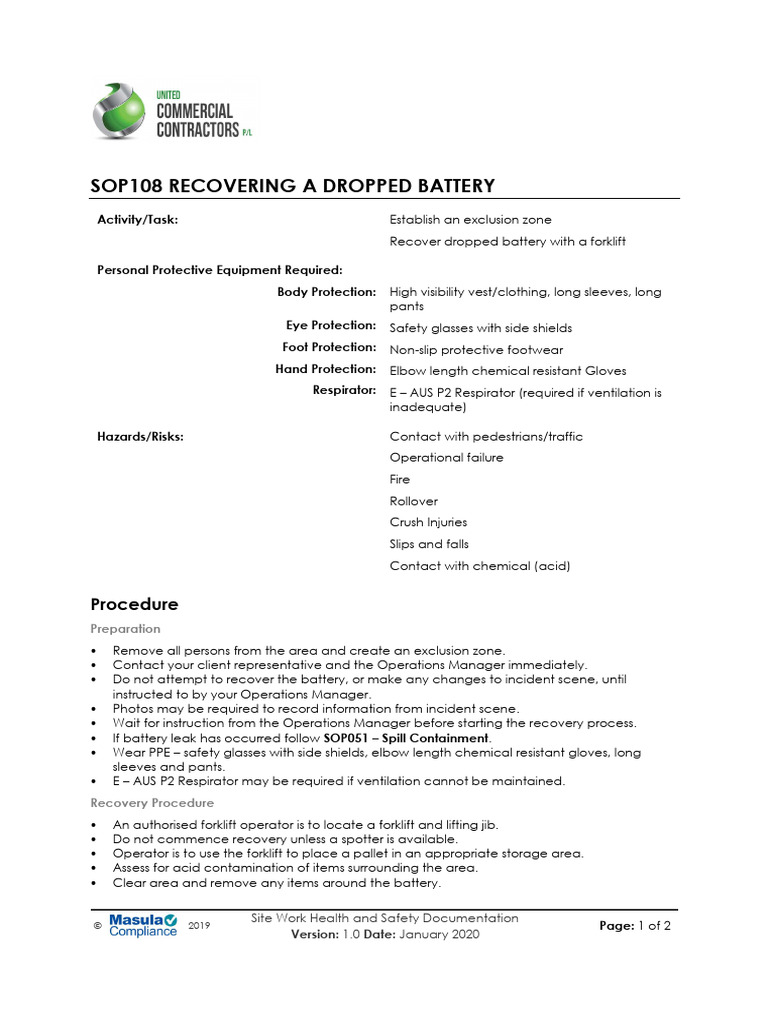 SOP108 Recovering A Dropped Battery | PDF | Personal Protective ...