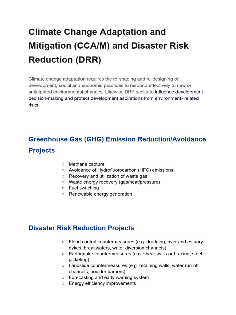 Climate Change Adaptation and Mitigation (CCA/M) and Disaster Risk ...