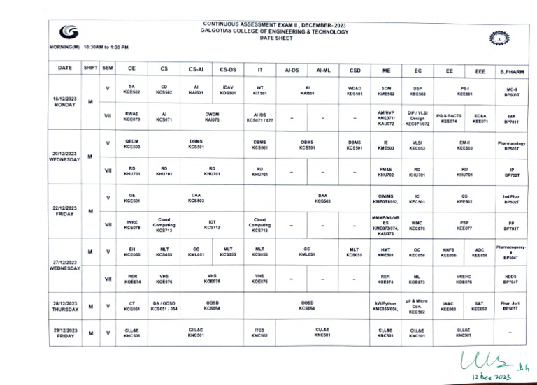 Date Sheet CAE-II (Phase-I) | PDF
