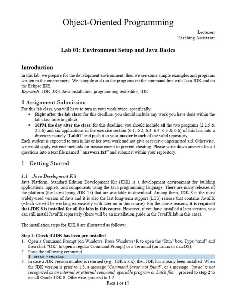 Oop Lab01 Environmentsetup Javabasics Pdf Java Programming Language Java Software