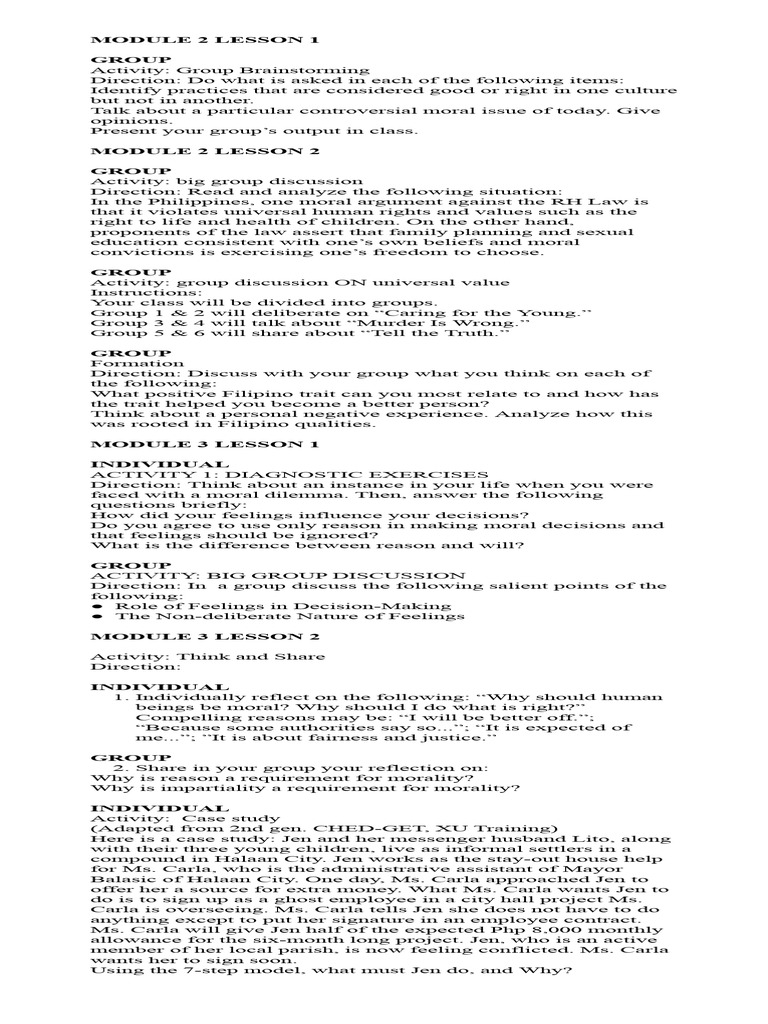 Group Activities on Moral Dilemmas and Values | PDF | Reason