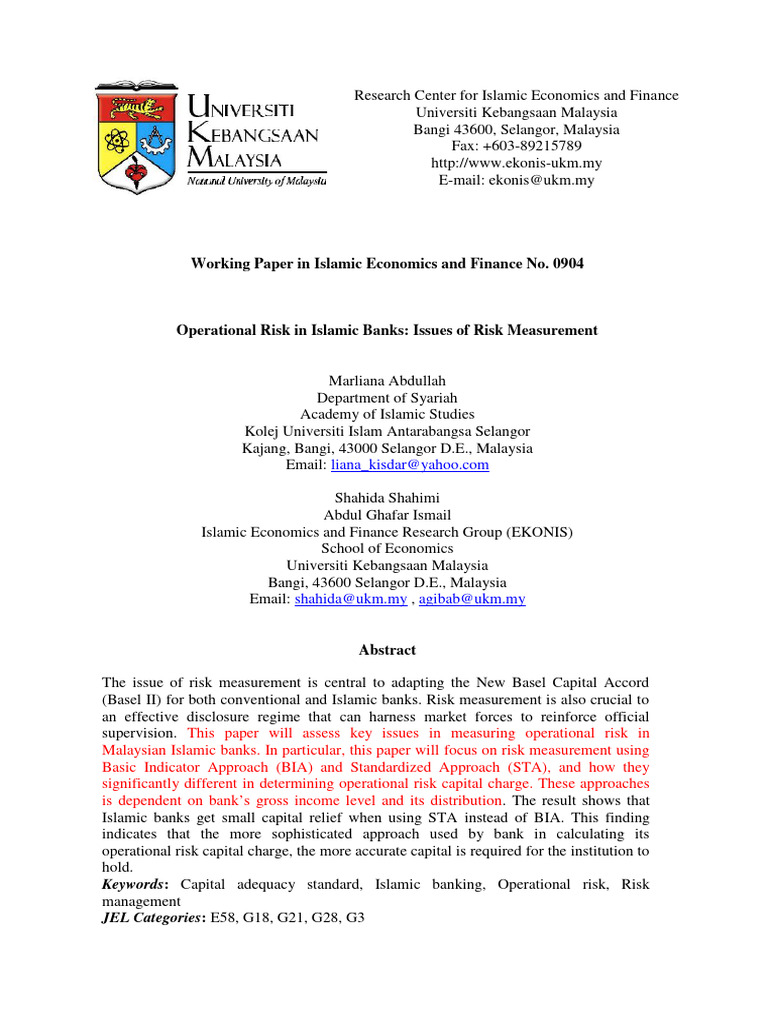 Operational Risk in Islamic Banks Issues of Risk Measurement | PDF ...