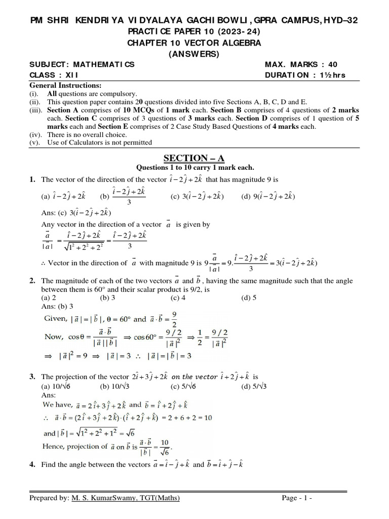 Maths Class Xii Chapter 10 Vector Algebra Practice Paper 10 Answers | PDF | Euclidean Vector ...