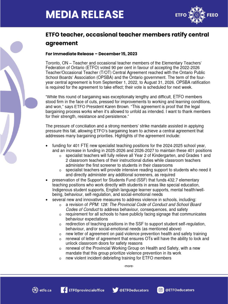 ETFO Agreement | PDF | Teachers