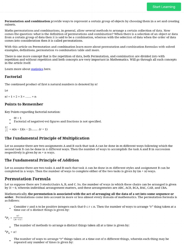 Permutations and Combinations - Learn Definitions, Formula, Example | PDF