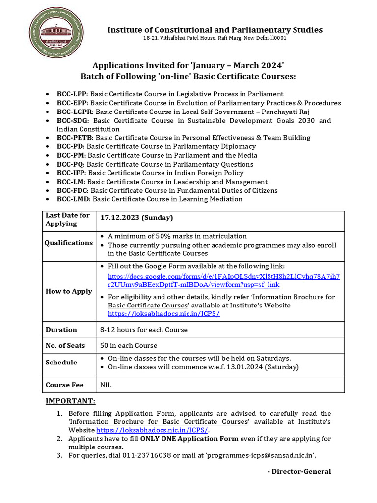 Notification For Admission To Basic Certificate Courses - 20231130 ...