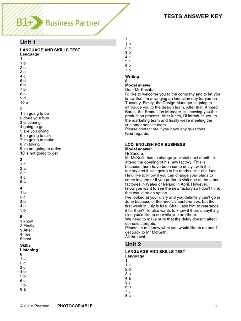 Business Partner b1 Unit Tests Answer Key | PDF | Advertising ...