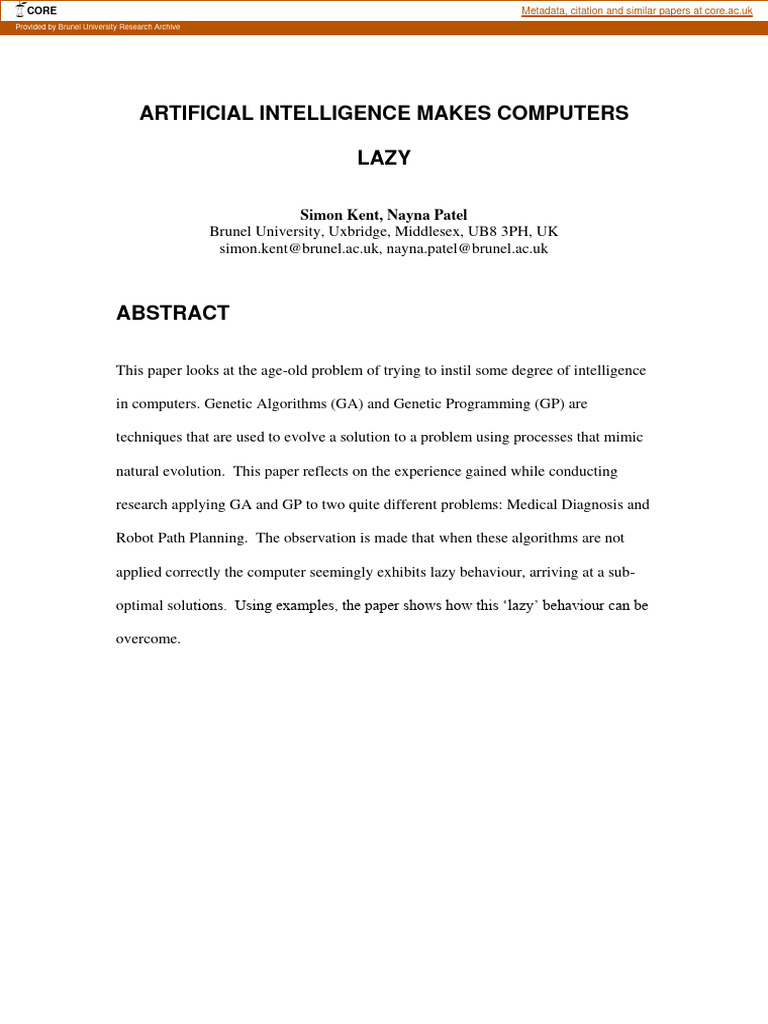 Artificial Intelligence Makes Computers Lazy: Simon Kent, Nayna Patel | PDF | Evolution ...