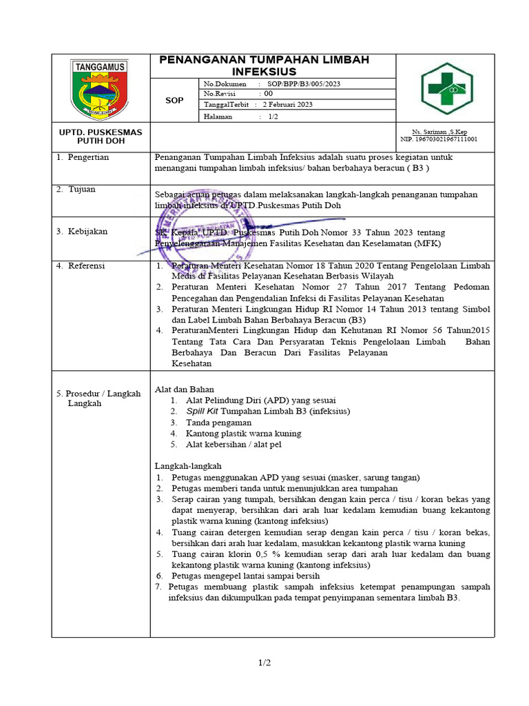 BPP - B3 - 005 - Sop Penanganan Tumpahan Limbah Infeksius | PDF | Pengembangan Diri | Kesehatan ...