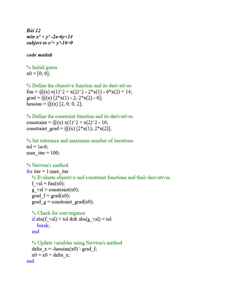Bài 12 Min X + y - 2x-6y+14 Subject To X + y - 16 0 Code Matlab | PDF
