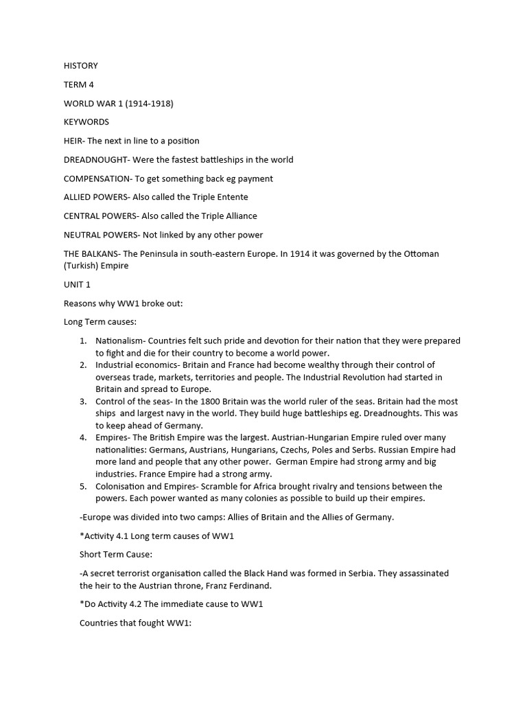 History Grade 8 Term 4 | PDF | Allies Of World War I | World War I