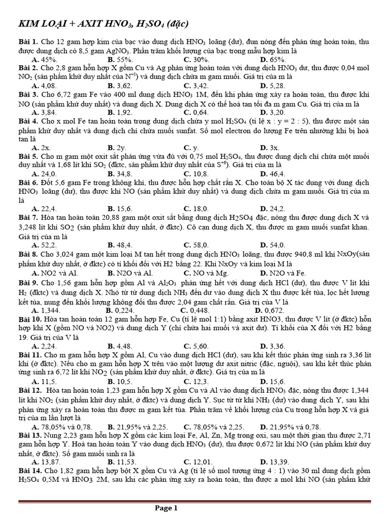 KIM+LOAI++++HNO3,+H2SO4+ C +KO+DAP+AN | PDF