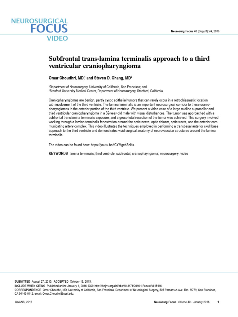 Focus: Subfrontal Trans-Lamina Terminalis Approach To A Third ...