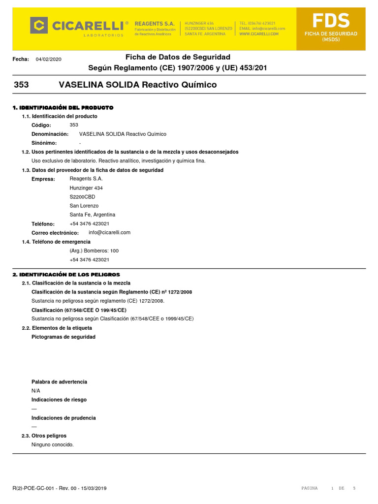 MSDS - Vaselina Solida | PDF
