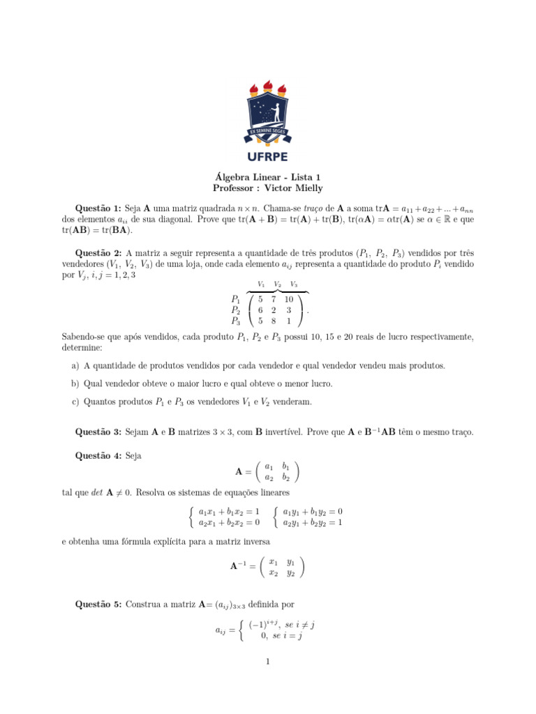 Algebra Linear Lista 1 | PDF | Matriz (Matemática) | Determinante