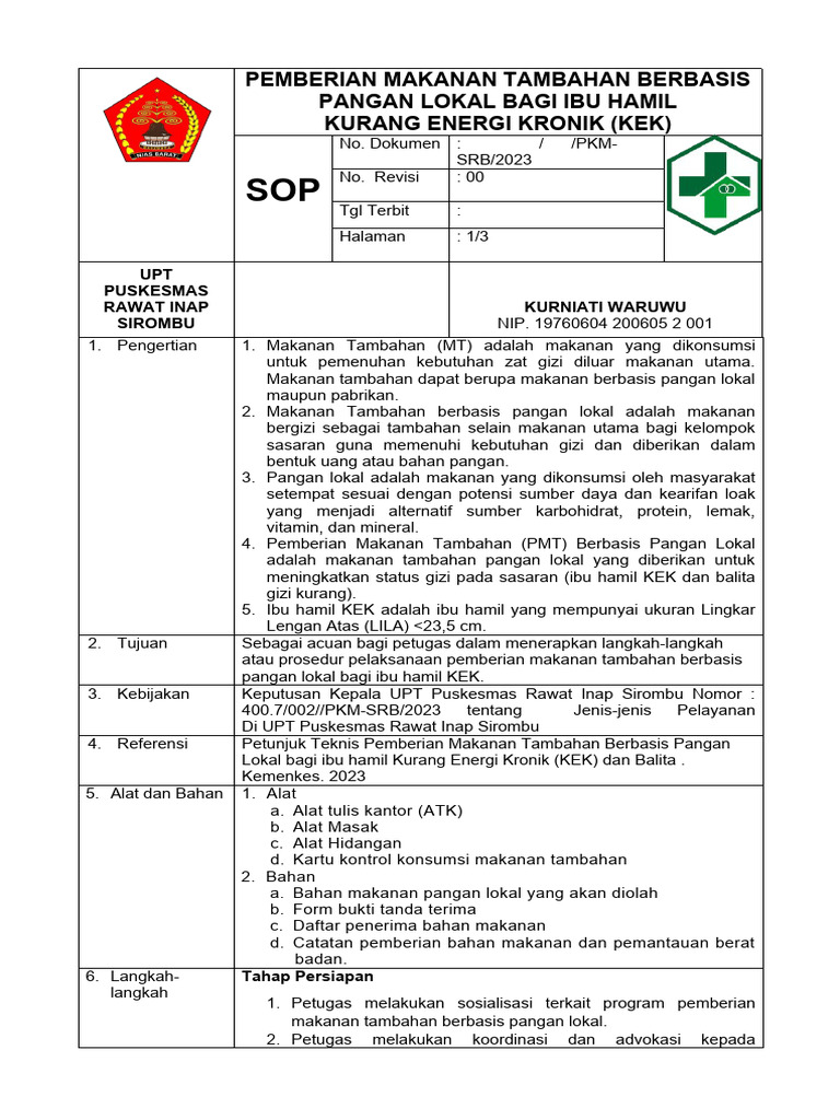 Sop PMT Berbasis Pangan Lokal Ibu Hamil Kek | PDF | Kesehatan Holistik