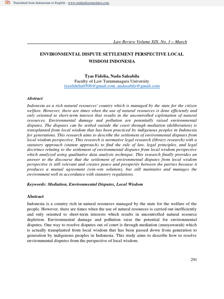 Environmental Dispute Settlement Perspective Local Wisdom Indonesia | PDF | Mediation ...