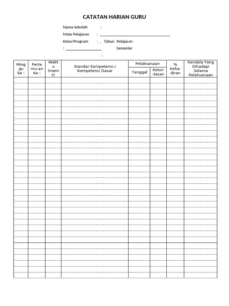 Contoh Format Catatan Harian Guru Dalam Proses Pembelajaran | PDF