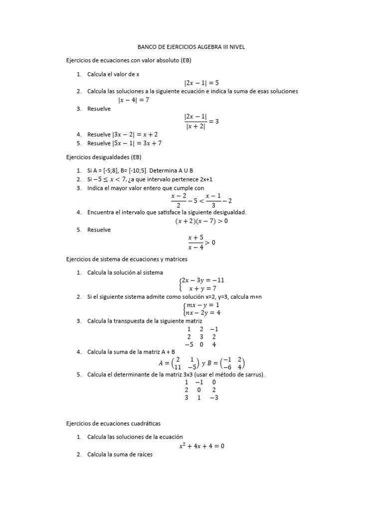Banco Ejercicios Algebra Iii Nivel | PDF | Matriz (Matemáticas) | Ecuaciones