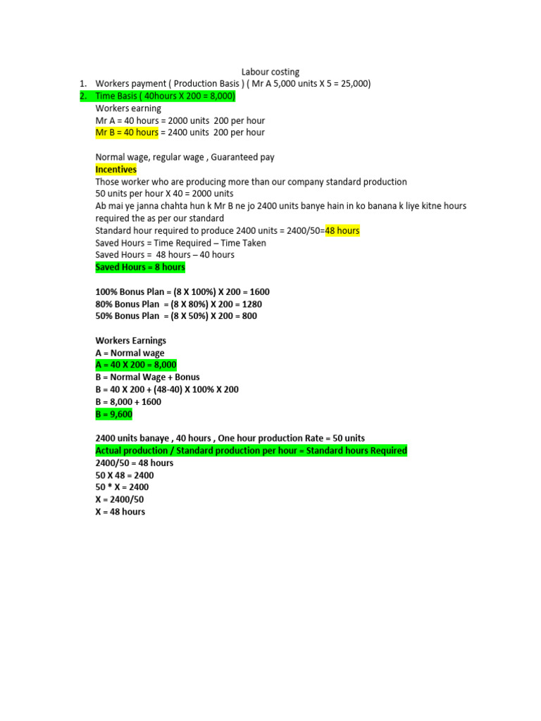 Labour Costing Pdf Wage Overtime