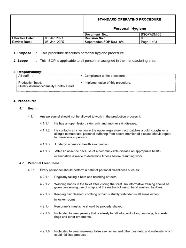SOP_Personal Hygiene | PDF | Hygiene | Hand Washing