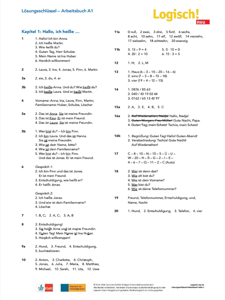 Logisch Neu A1 Arbeitsbuch Loesungen Compress | PDF