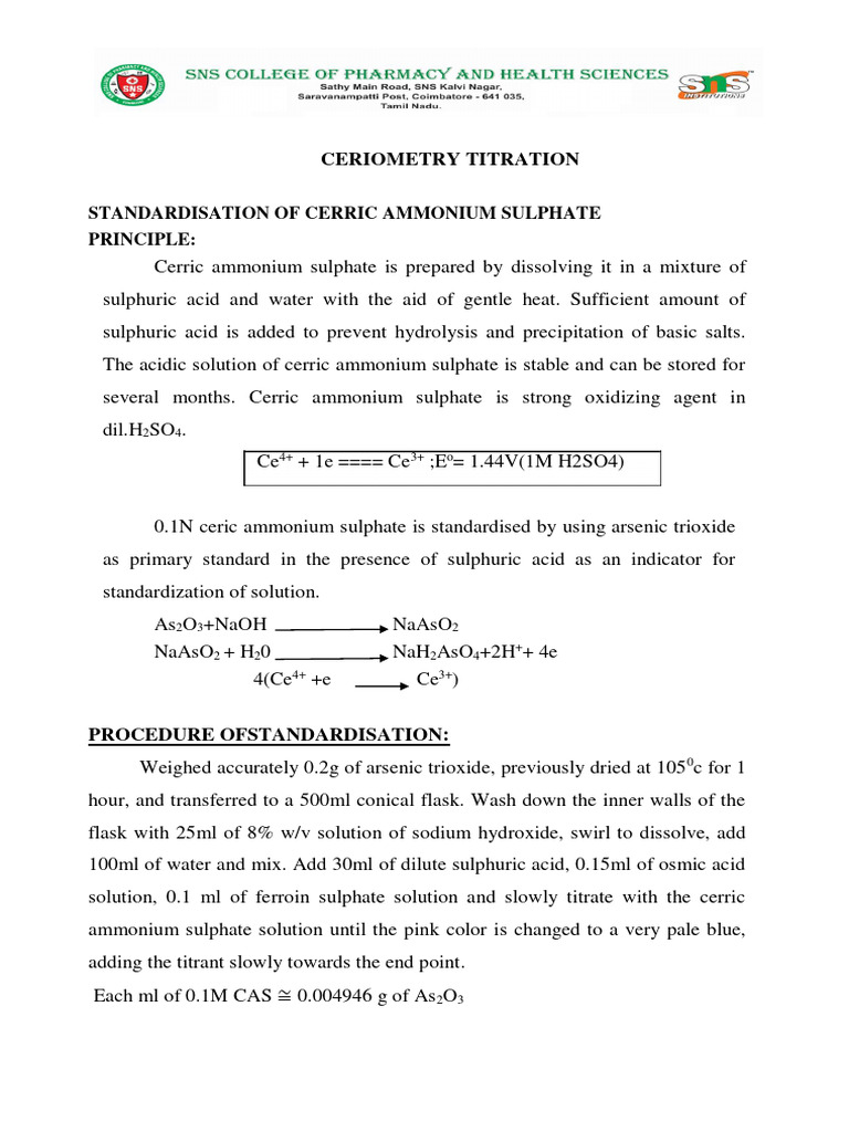 Ceric Ammonium Sulphate Standardization | PDF