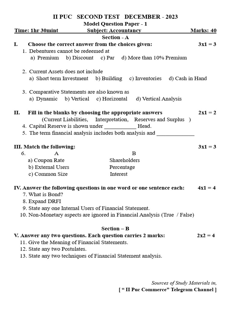 II Puc Acc Second Test MQP-1 | PDF | Balance Sheet | Equity (Finance)
