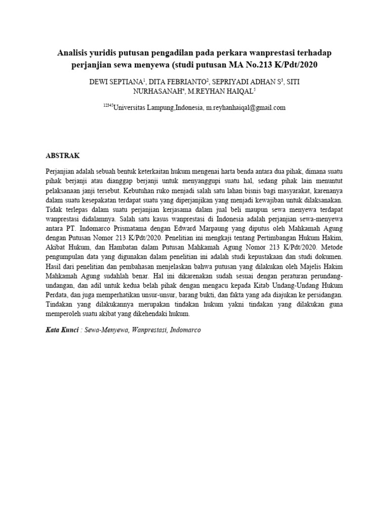 Analisis Yuridis Putusan Pengadilan Pada Perkara Wanprestasi Terhadap Perjanjian Sewa Menyewa ...