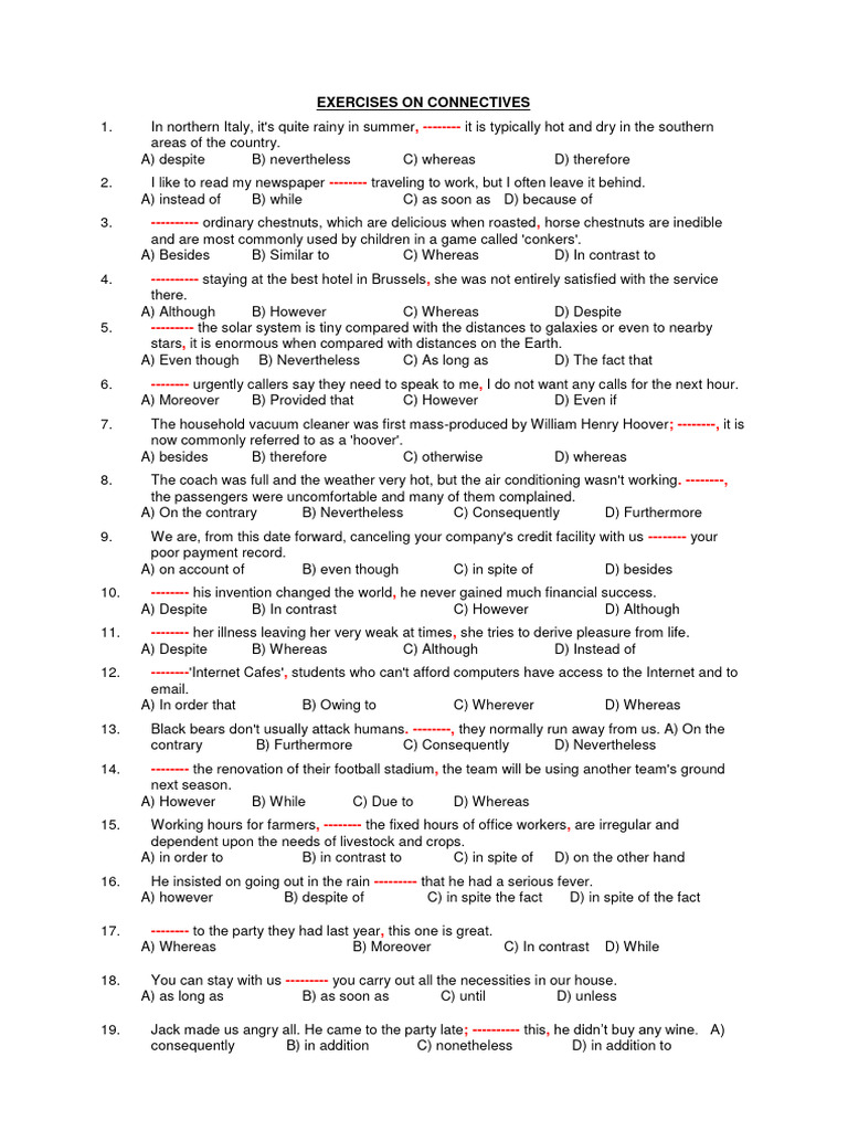 ENG 203 Connectives Exercises For Students | PDF
