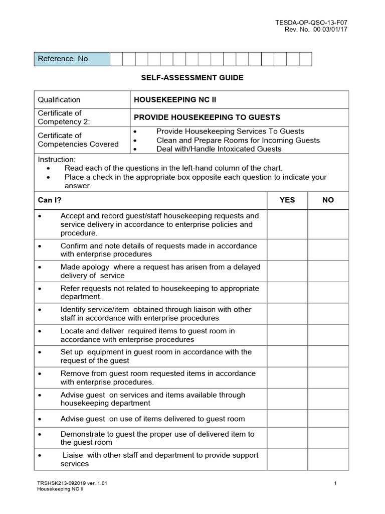 Housekeeping NC II Self-Assessment Guide | PDF | Housekeeping
