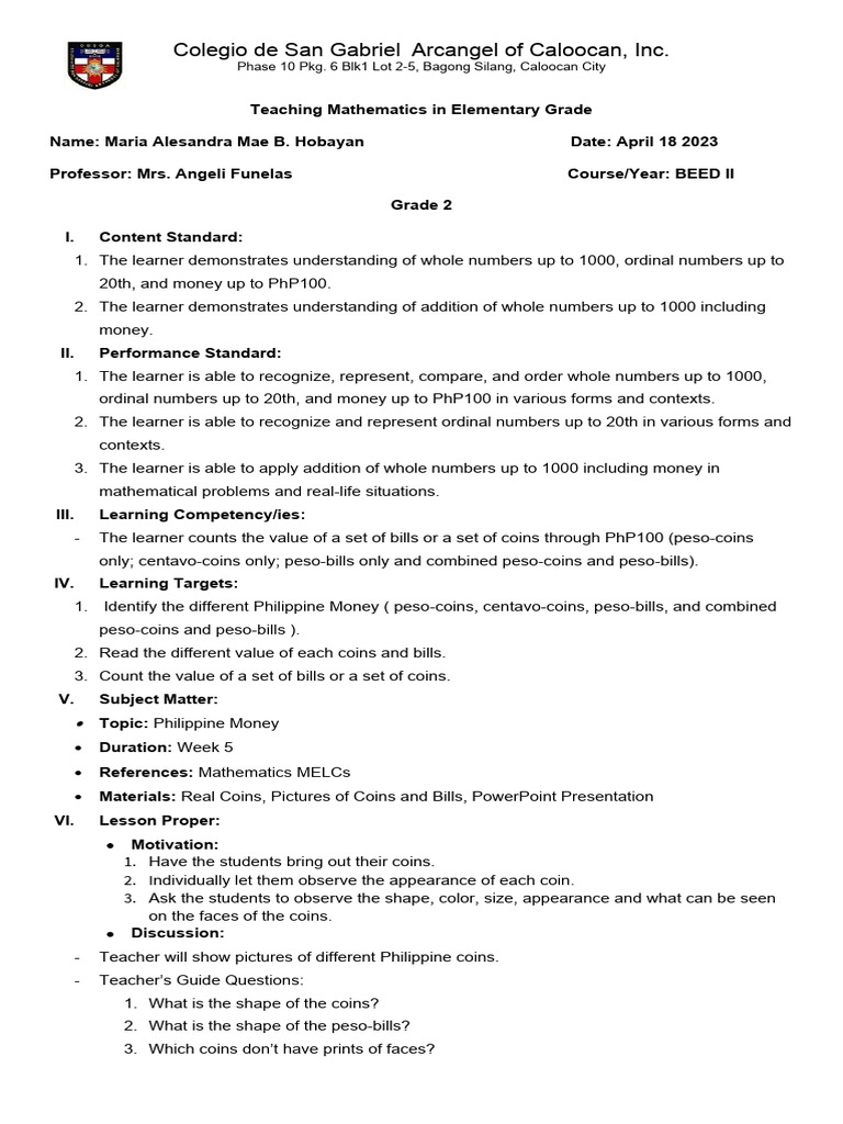 Philippine Money Lesson-Plan | PDF | Learning | Currency