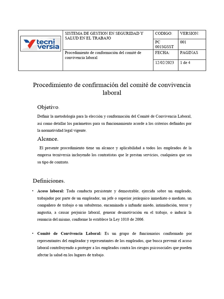 Procedimiento de Conformacion Del Comite de Convivencia Laboral | PDF | Derecho laboral | Valores