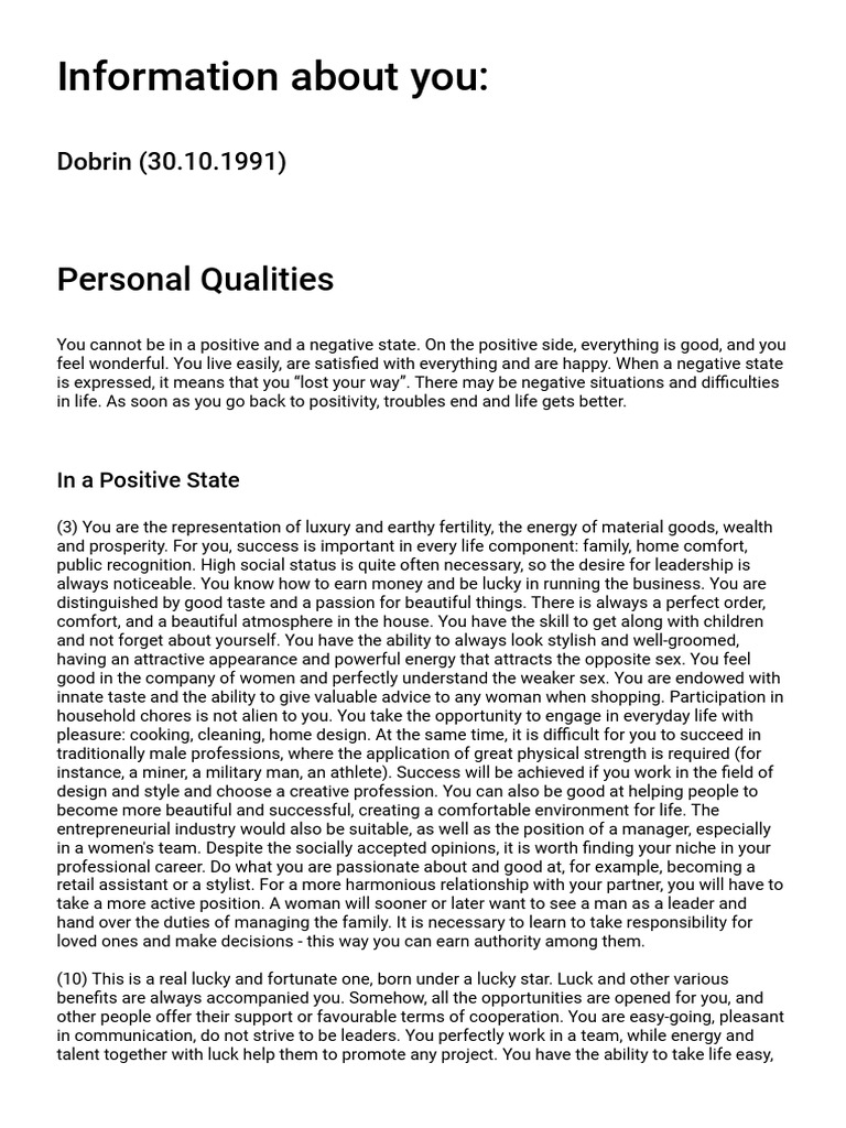 Information About You:: Personal Qualities | PDF | Vertebral Column | Love