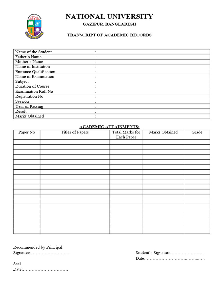 NATIONAL UNIVERSITY Academic Transcript Apply From | PDF