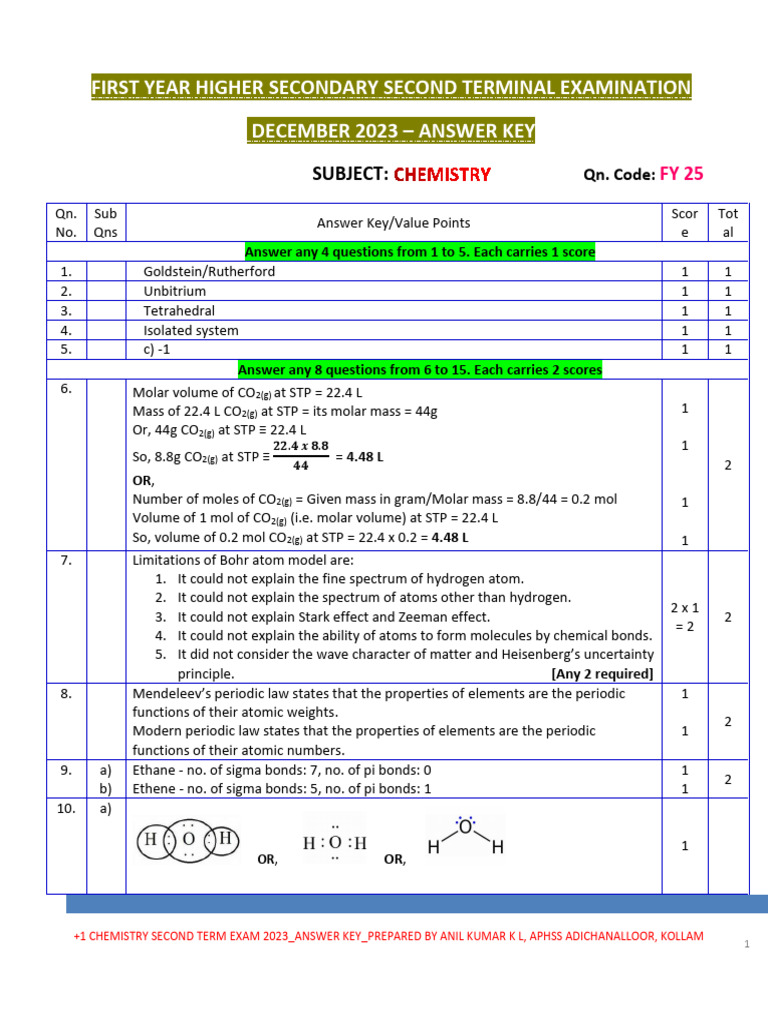 +1 Chemistry Second Term Exam 2023 - Answer Key | PDF | Chemical Bond | Mole (Unit)