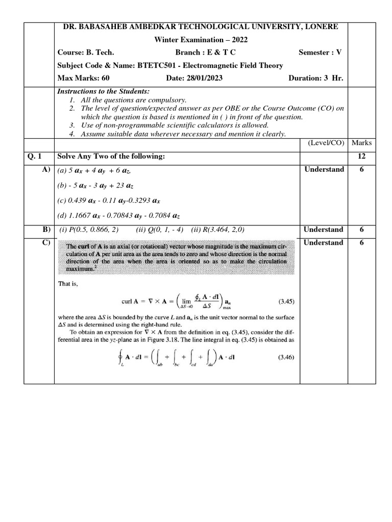 Electromagnetic Field Theory Solution Btetc501 1 Pdf Waves