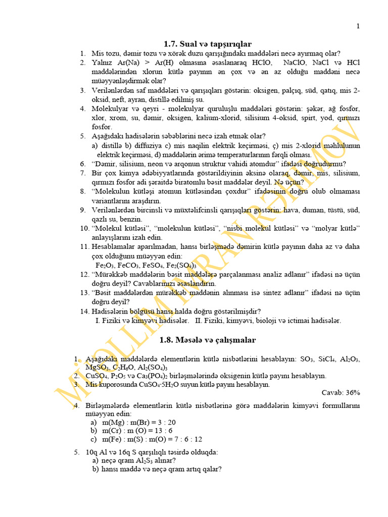 Kimyanın Ilk Anlay. (Sual-Test) | PDF